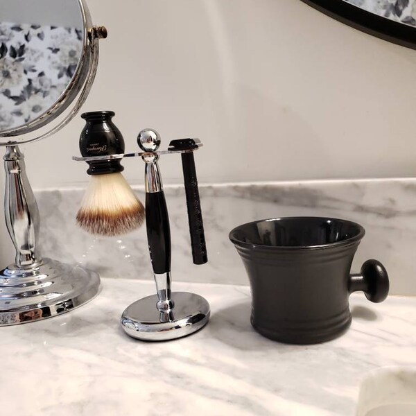 Luxury Wooden 3pc Mini Shaving Kit for Men Black Badger Shaving Brush ...