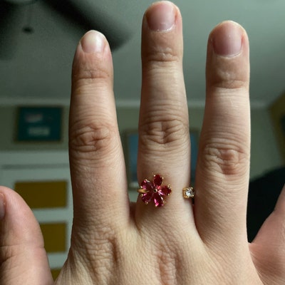 Real 18K Gold Plated CZ Pave Pink Daisy Adjustable Open Front Ring Over ...