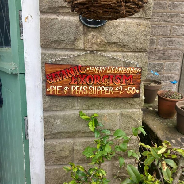 Hand Painted Vintage Style Horror Sign, Satanic Exorcism Comedy ...