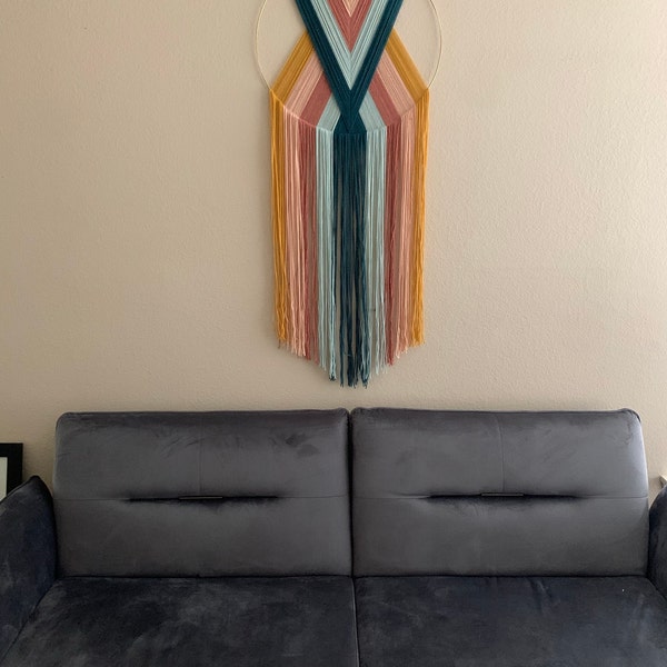 Pink, Blue, and Mustard Hoop Yarn Wall Hanging / Macrame Wall Hanging ...