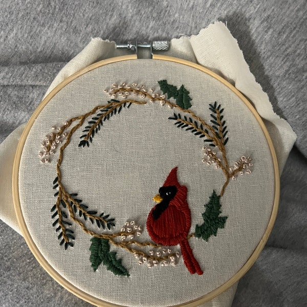 PDF Pattern - 8" Cardinal Wreath - Step by Step Beginner Embroidery ...
