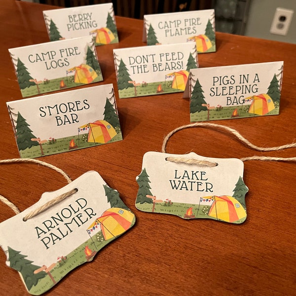 Camping Food Labels EDITABLE, Happy Camper Birthday Place Card Tent ...