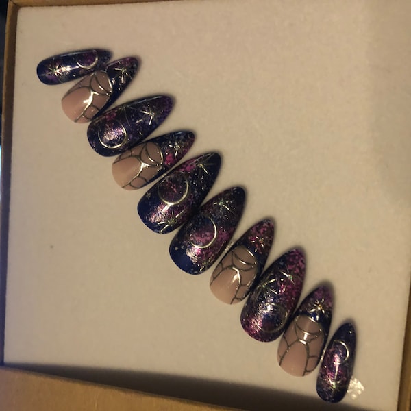 Blue Press on Nails, Silver Crescent Moon, Stars, Custom, Tarot, Witchy ...