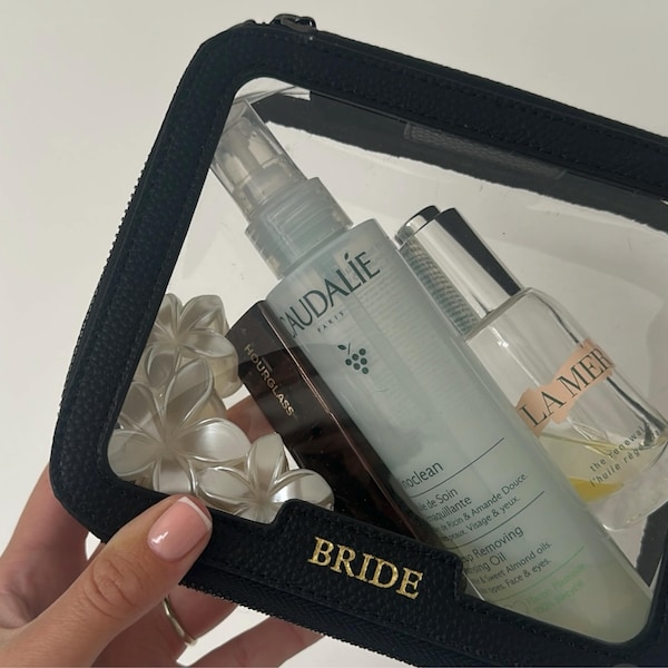 Personalised Leather Makeup Bag With Clear Panel, Personalized Cosmetic ...