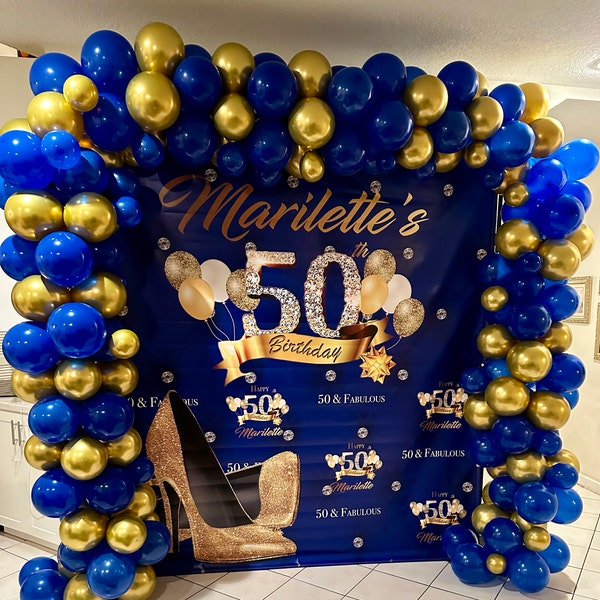Blue and Gold 50th Birthday Backdrop Custom Photo Step and Repeat ...
