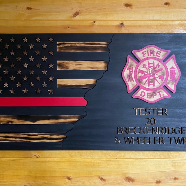 Thin Red Line Flag With Fire Department Logo, Custom Wood Flag, Fire ...