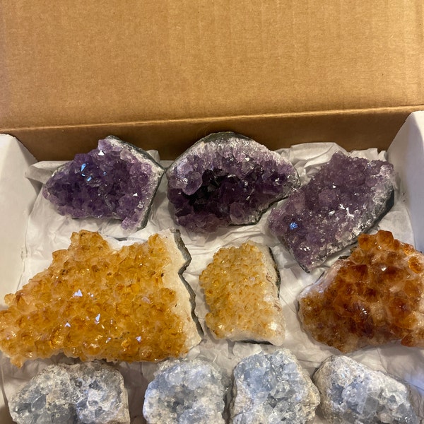Amethyst, Citrine, & Celestite Crystal Cluster Gift Box, 9 - 12 Pieces ...