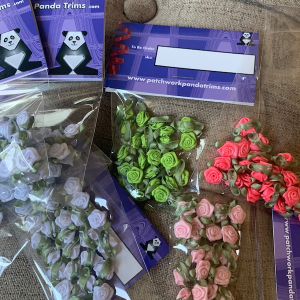 Mini Ribbon Roses With Leaf 3/8" (10mm) X 5/8" (16mm) Lots of Colors ...