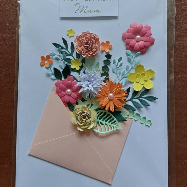 Personalised 3D Floral Birthday Card: Handmade Envelope Design, Mum ...