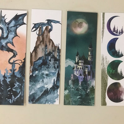 Fantasy Castle Dragon Bookmark, Inky Dragon Watercolor Handmade ...