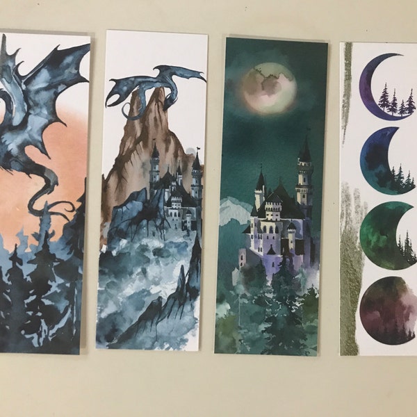 Fantasy Castle Dragon Bookmark, Inky Dragon Watercolor Handmade ...