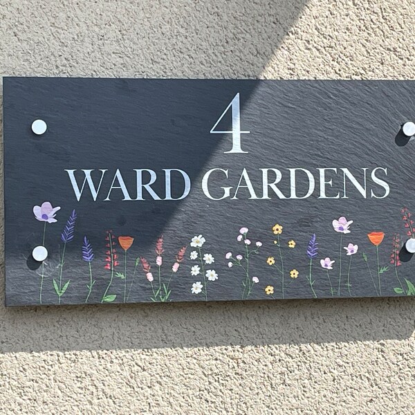 Personalised Wild Flowers Slate House Number or Name Wall Mounted Sign ...