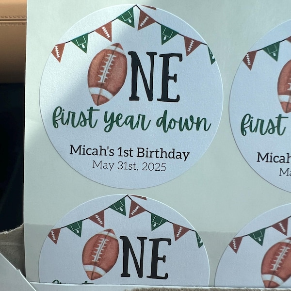 First Year Down 1st Birthday Stickers - Custom Football Birthday Party ...