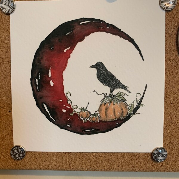 Fall Raven Painting / Art Print / Moon Art / Moon Decor / Witchy Decor ...