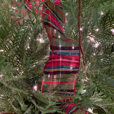 2.5 or 4 Plaid Dupioni Ribbon Faux Silk Red Green Wired Edges 10 Yard ...