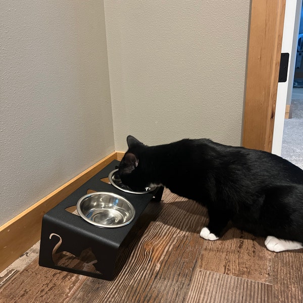Cat Feeding Station - Elevated and Angled - Comes With Stainless Bowls ...