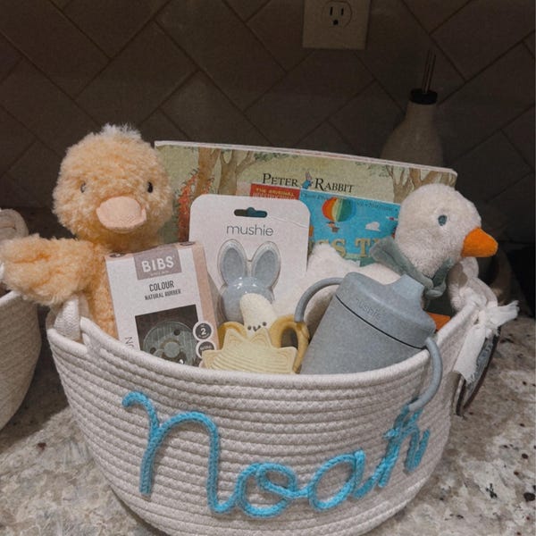 Personalized Baby Shower Gift Basket, Rope Cotton Baby Gift Basket ...
