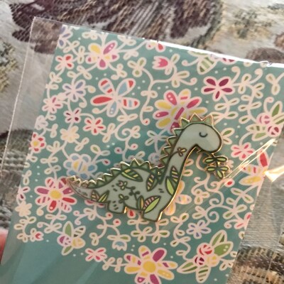 Floral Dino Hard Enamel Pin, Cute Dinosaur Pin, Kawaii Dino Lapel Pin ...