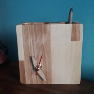 Wooden Desk Clock With Pencil Cup, Personalized Table Clock, Wood ...