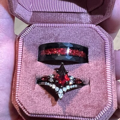 Skye Natural Red Garnet Couples Ring Set His and Hers Matching Wedding ...