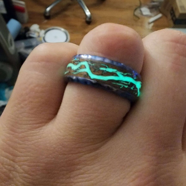 Lightning Glow Ring, Hammer Texture Ring, Titanium Wood Glow Ring, Mens ...