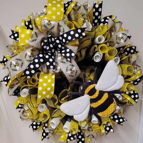 Bee Yellow/white Polka Dot Metal Sign, Bee Sign, Bee Wreath, Wreath ...