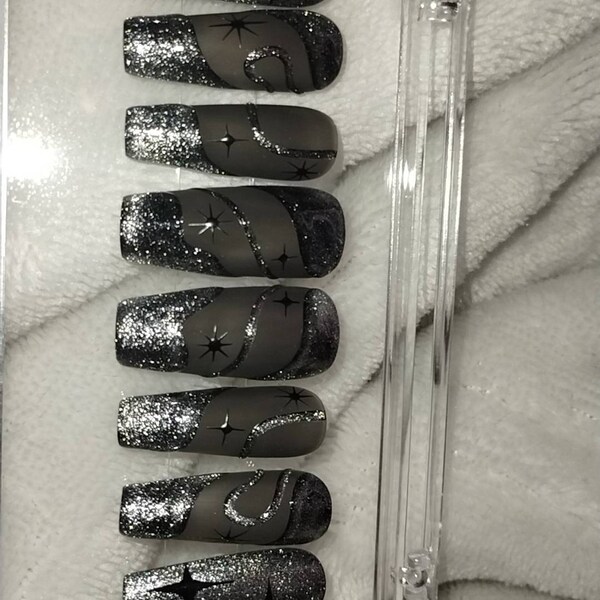 Black Stars Press on Nails, Black Coffin Nails, Custom Fake Nails, Handpainted False Nails ...