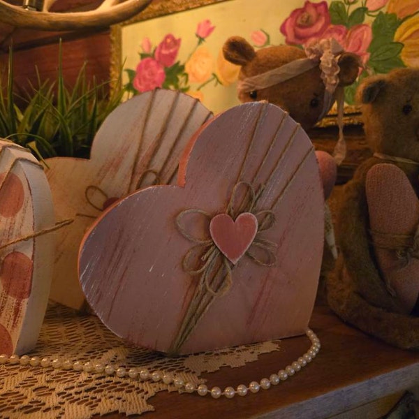 Hand-painted Rustic Heart Decor Trio: Shelf Sitter Wooden Hearts With ...