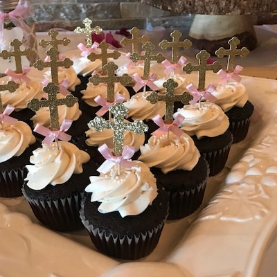 Gold and Pink Cross Cupcake Toppers Baptism Cupcake Toppers - Etsy