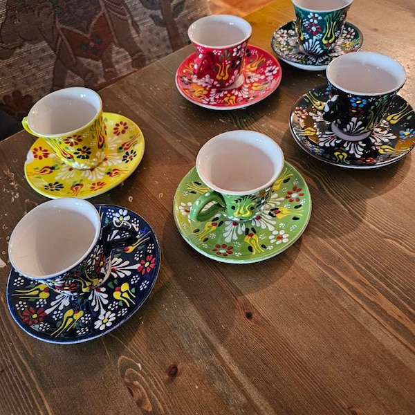 Turkish Ceramic Espresso Cups and Saucers Set With Pot, Ceramic Turkish ...