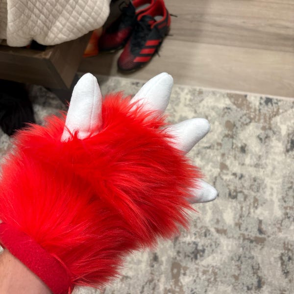 Bright Red Furry Plush Fursuit Hand Paws - Red Luxury Fur With White ...