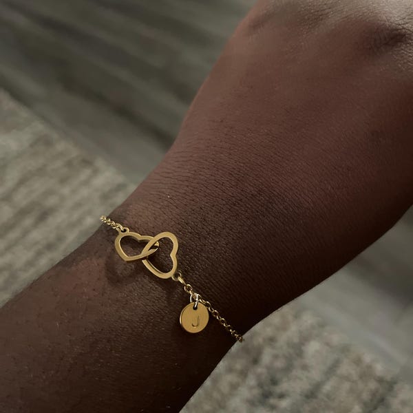 16K Gold Double Heart Initial Bracelet: Personalized Charm - Etsy