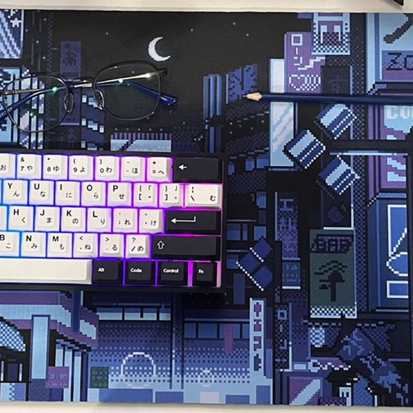 Tokyo Street Desk Mat, Retro Vaporwave Neon Pixel Art, Purple Japanese ...