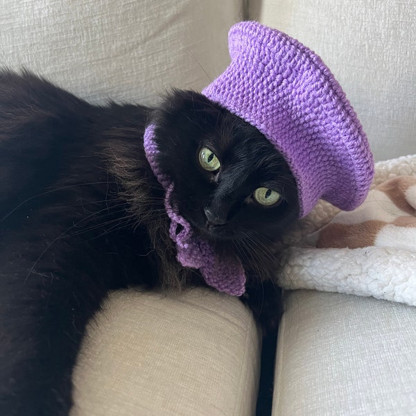 French Beret Hat and Scarf, Beret Hat for Cat, Cat Scarf, Purple Kitten ...