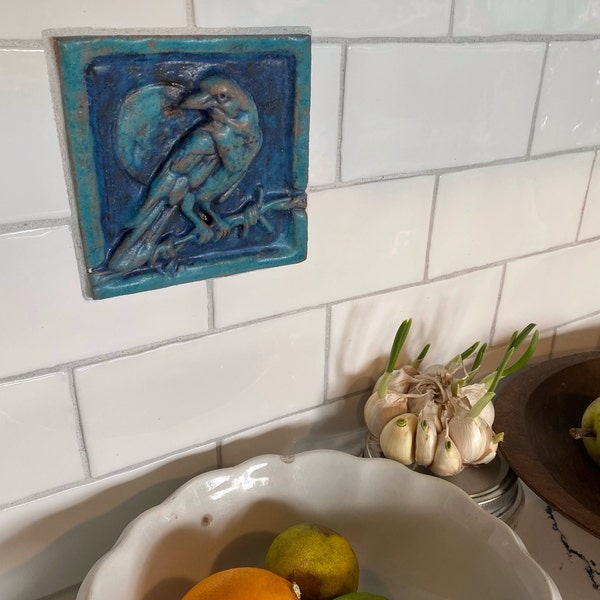 Handmade Raven Ceramic Tile: 4x4 Antique Turquoise Bird Wall Art - Etsy