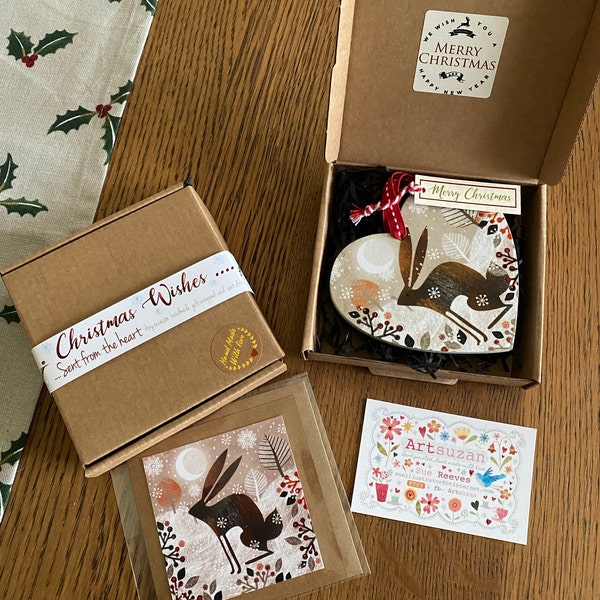 Beautiful Leaping Hare and Bluebird Illustrated Wooden Heart Hanger ...