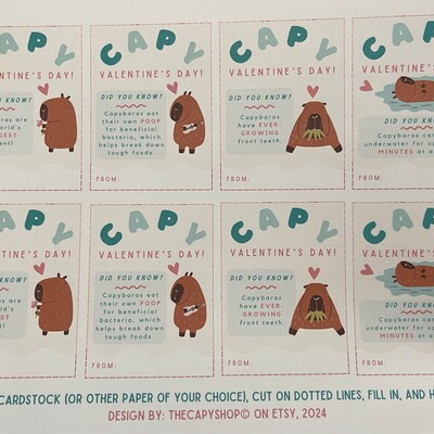 Printable Capybara Valentine's Day Cards Capybara Classroom Valentine's ...