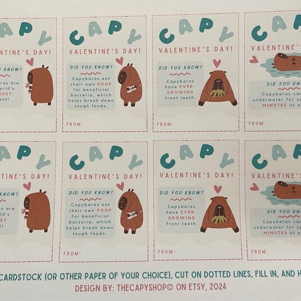 Printable Capybara Valentine's Day Cards | Capybara Classroom Valentine ...