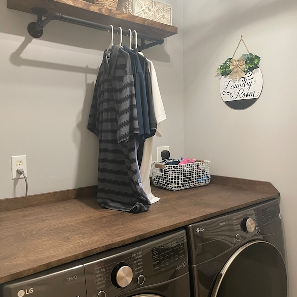 Laundry Room Bar With Attached Wood Shelf, Clothing Rack, Drying Bar ...