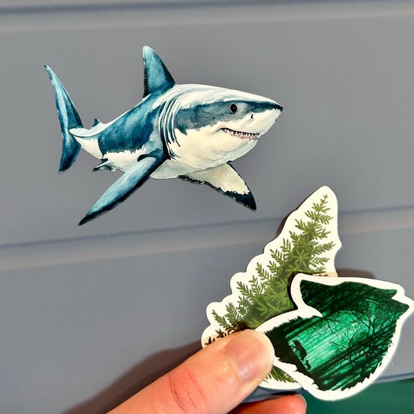 Great White Shark Vinyl Sticker, Watercolor Ocean Animal Art, Sea Life ...