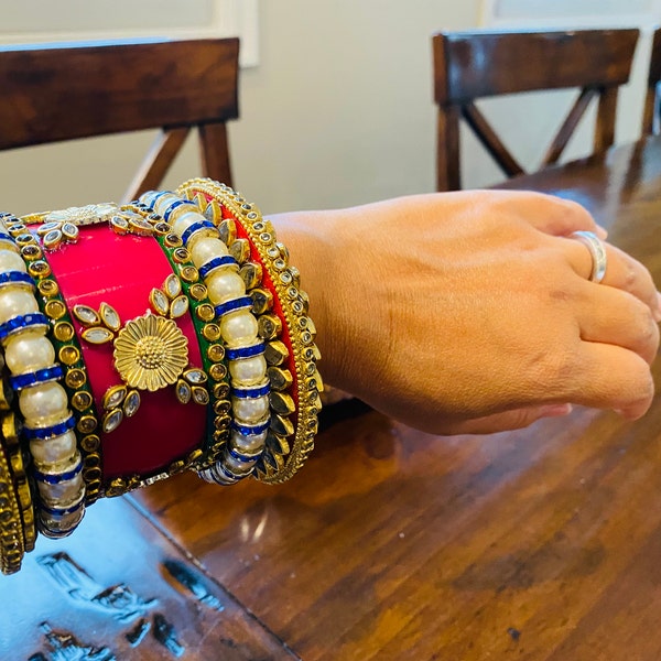 Indian Bridal Red Photo Chura Set, Designer Hanging Pearls Bangles ...