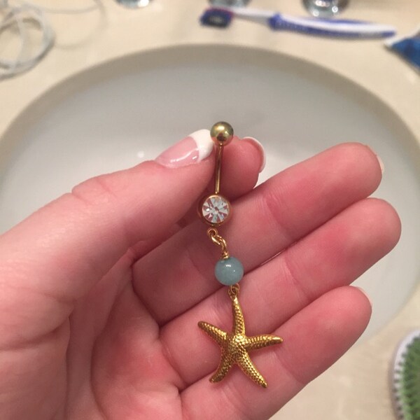 Starfish Belly Button Ring With Aquamarine, Dangle Belly Ring, Belly ...