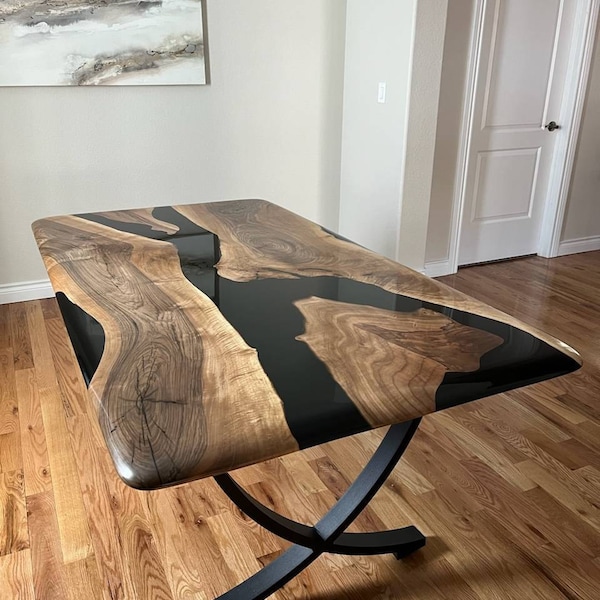 Custom Black Epoxy Resin River Table, Solid Walnut Wood Dining Table ...