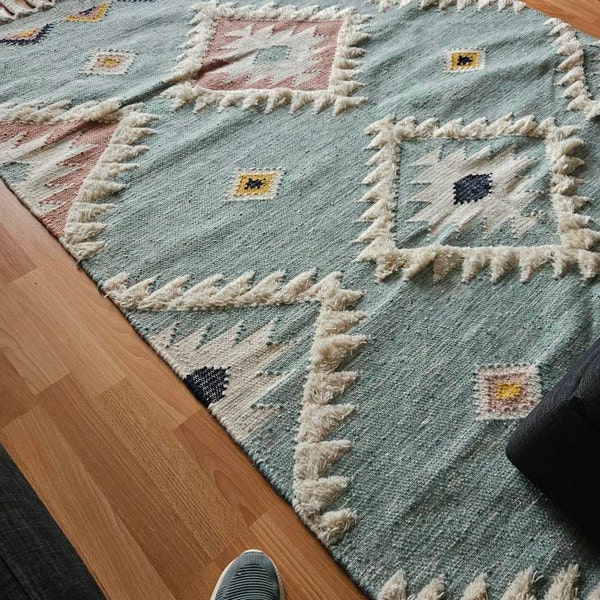 Sea Green Wool Moroccan Rug Hand Woven Bohemian Decor Inspired, Boho ...
