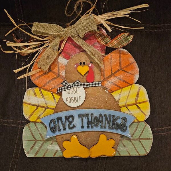Give Thanks Turkey Door Hanger: Hand Painted Fall Wall Decor, Custom ...