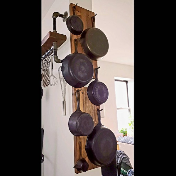 Handcrafted Solid Wood Wall Pot & Pan Rack - Vintage Style Skillet ...