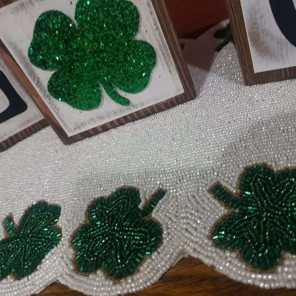 Handmade Table Runner, Clover Leaf / Shamrock Hand Beaded Runner, Green ...
