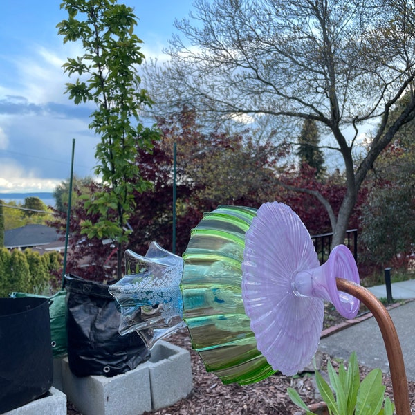 Floral Garden Art Handmade From Copper and Vintage Glassware in Light ...