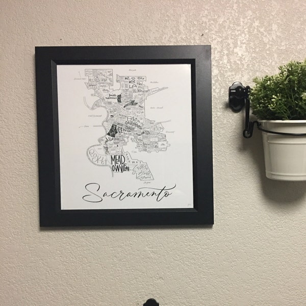 Sacramento, CA Neighborhood Map Print - Hand Lettered - Map of ...