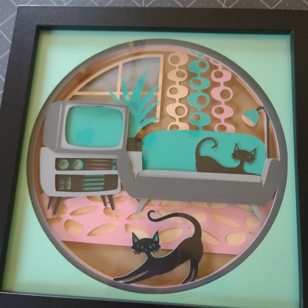 Boho Cat Living Room Shadow Box Svg, Mid Century Modern Shadow Box Svg ...